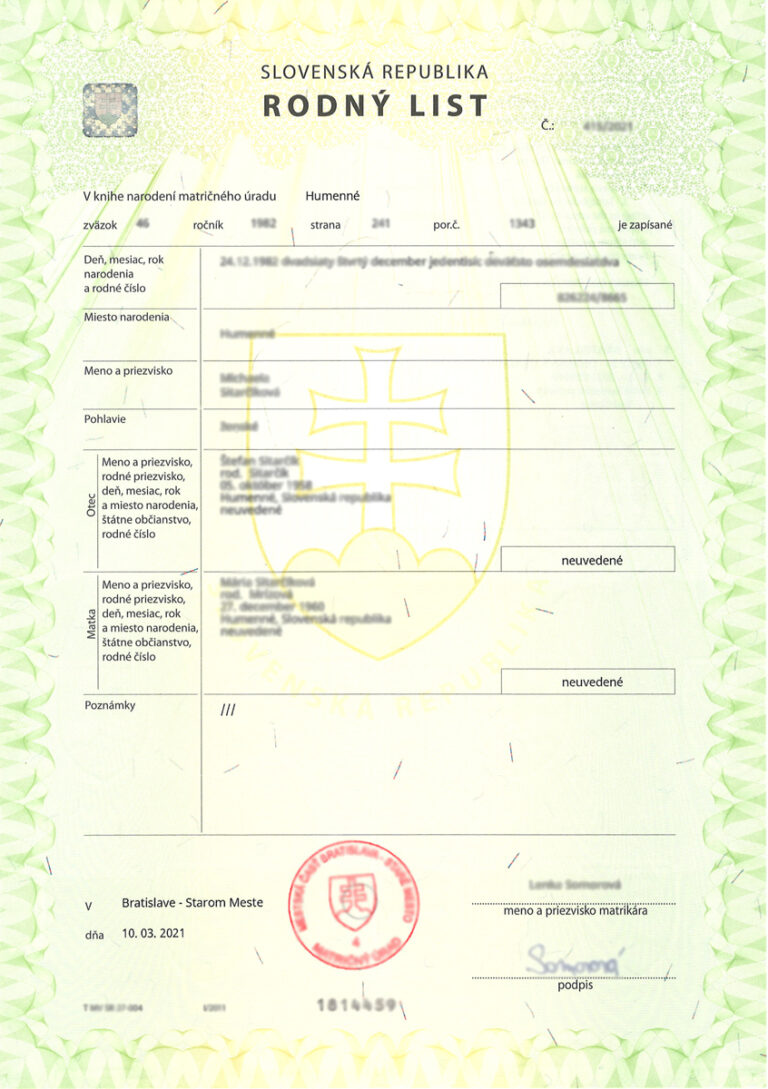 Apostila rodného listu - Expresné termíny - z celej SR